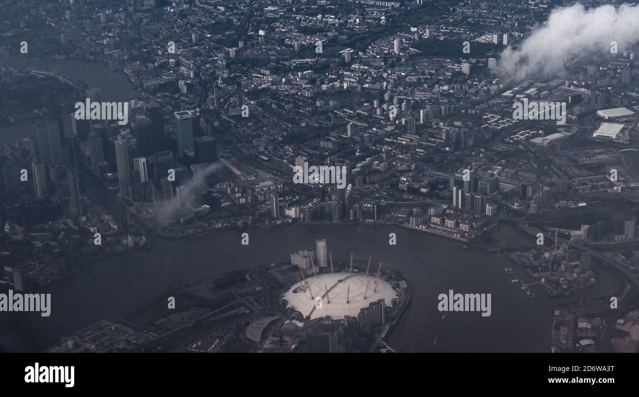 An aerial view of the O2 Arena and the city of London during the ...