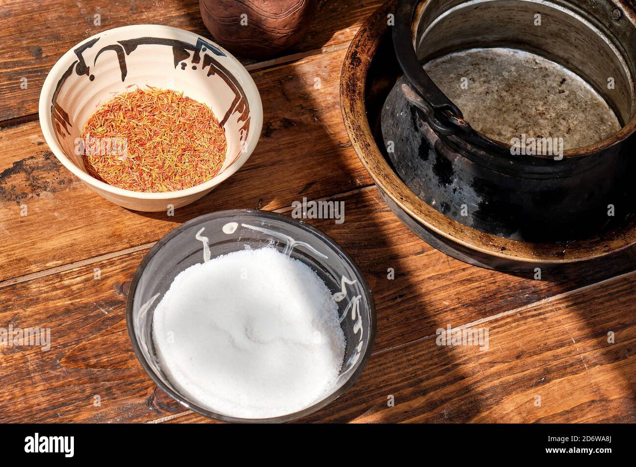 A Muslim spice in old cafe. Spices in half-empty bowls for sale on the ...