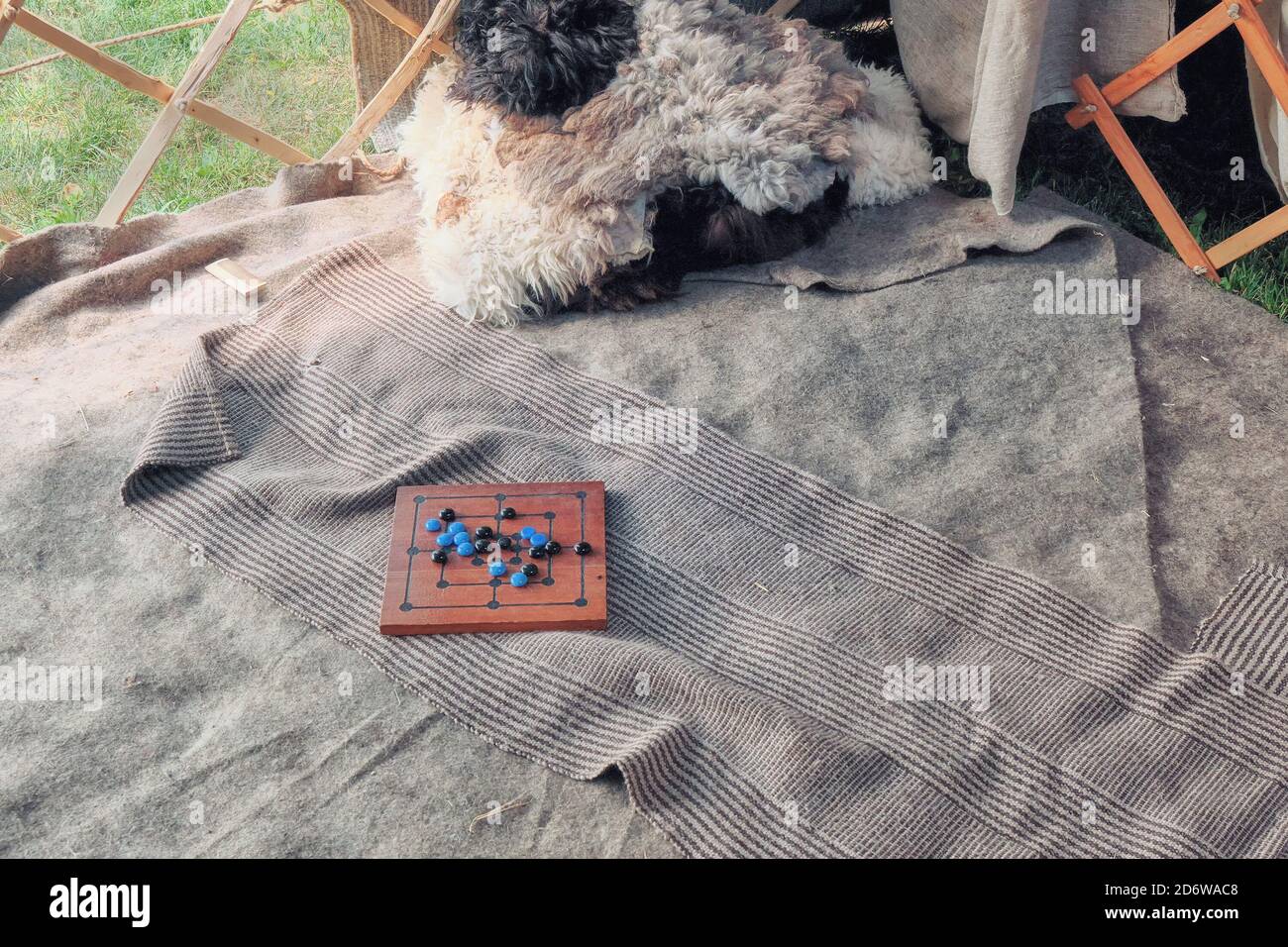 The mill Board game with the placed position lies on the carpet. Game ...