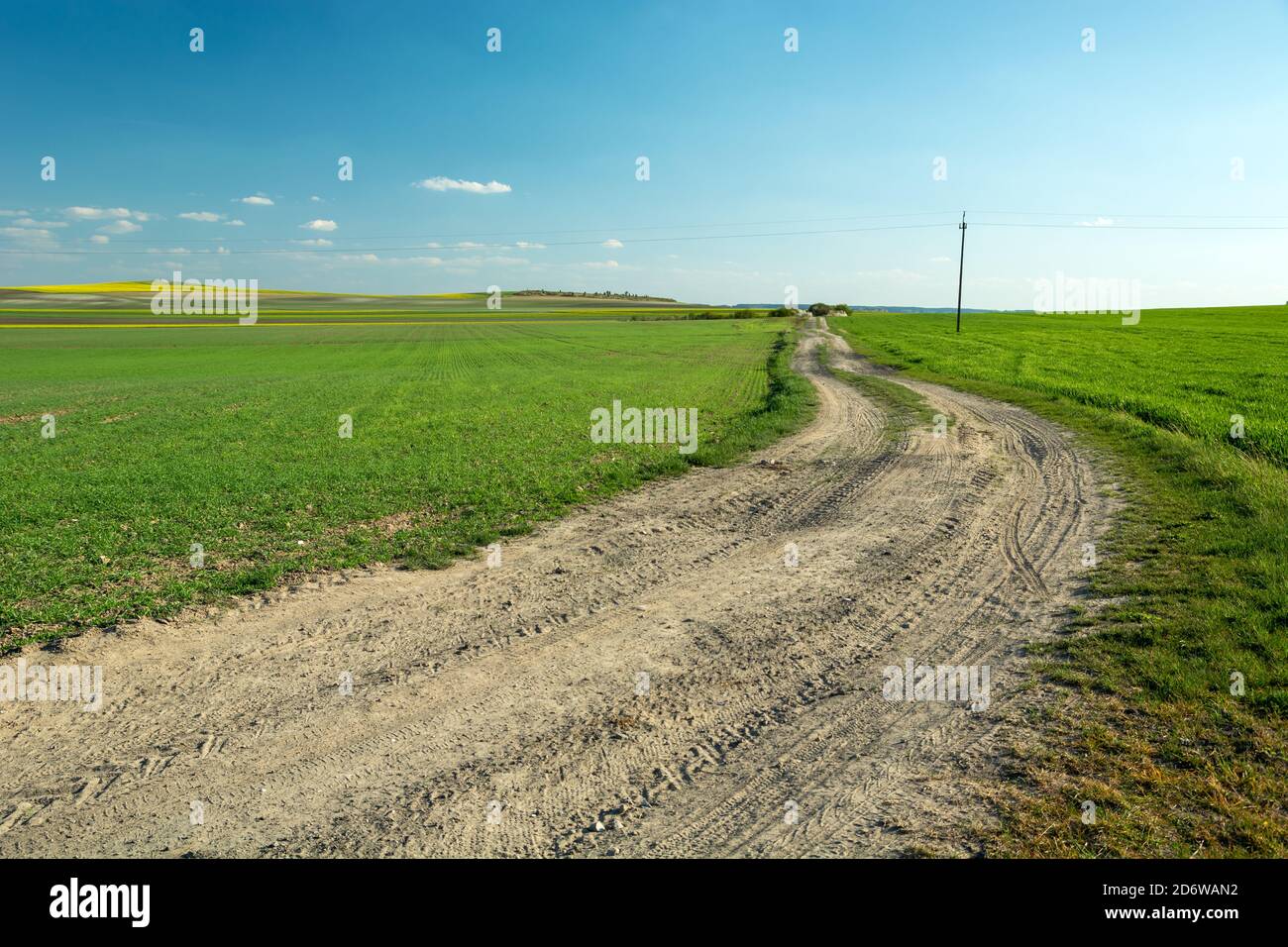 Sandy road through green fields and blue sky Stock Photo - Alamy