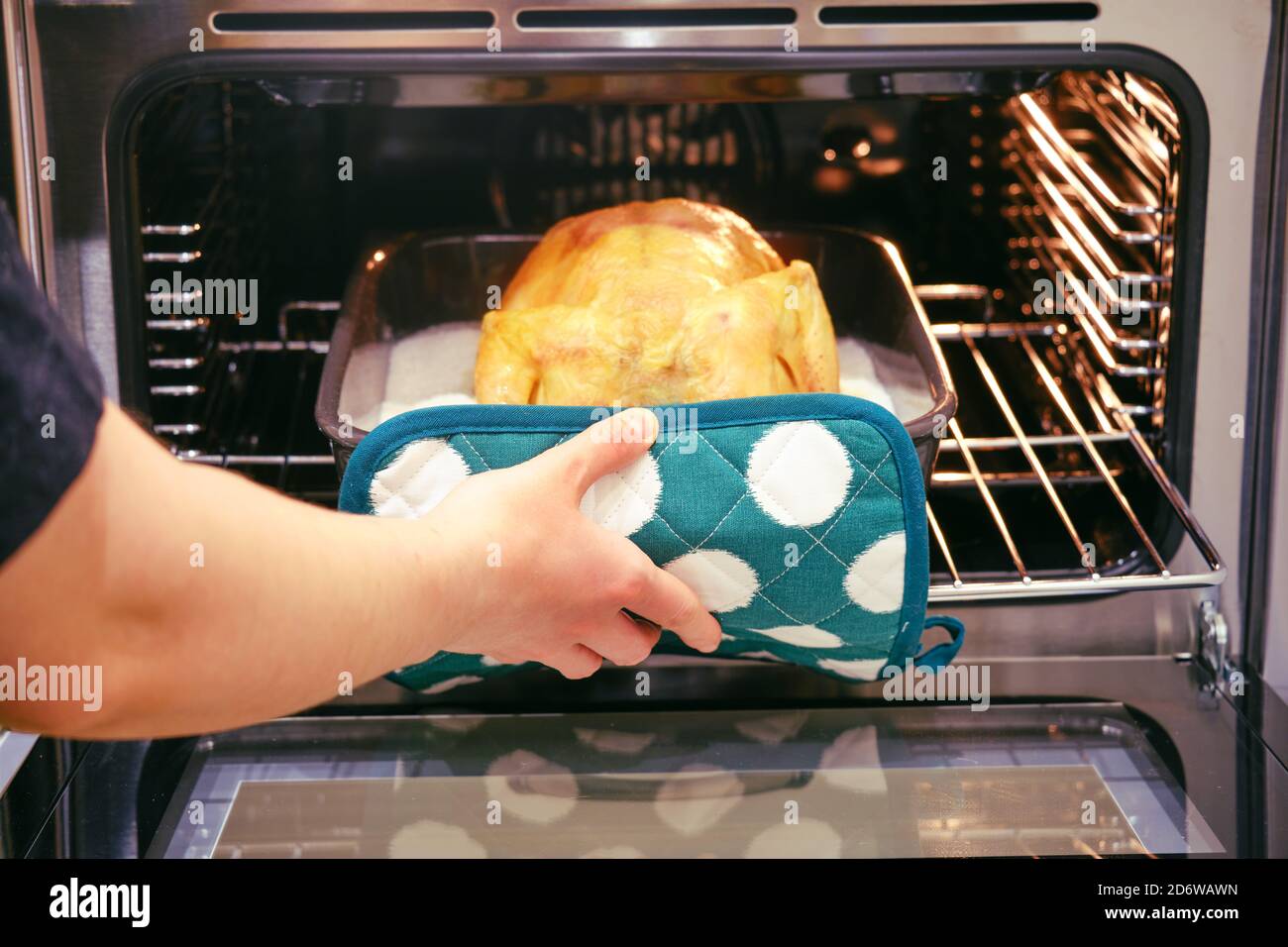 A woman takes a chicken out of the oven with her hand with a potholder ...