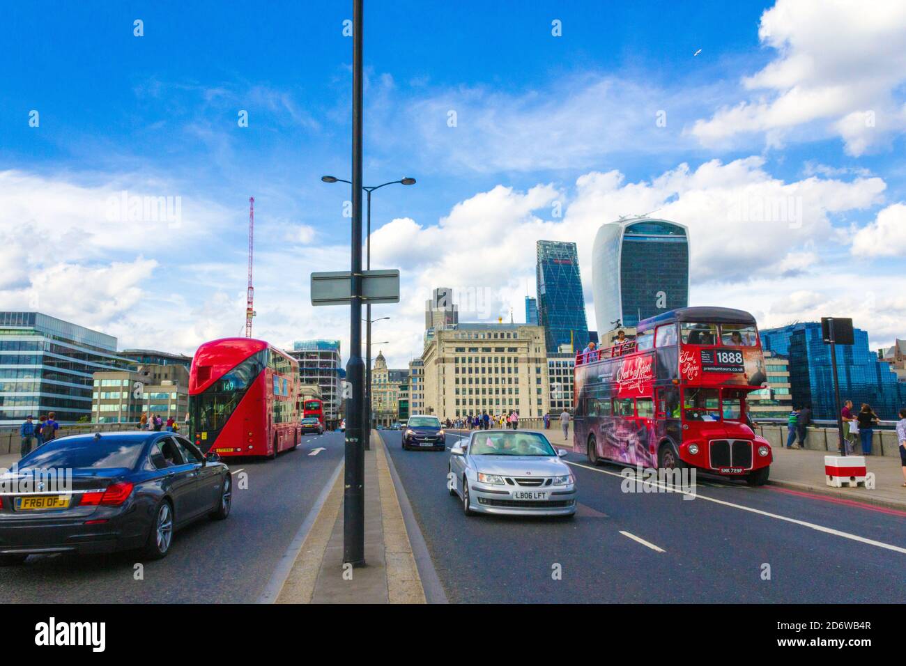 Scenic view from London Bridge to the impressive modern buildings in ...
