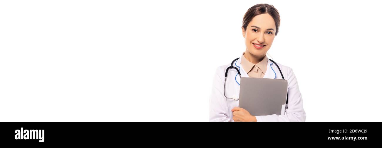 Website header of smiling doctor holding paper folder isolated on white ...