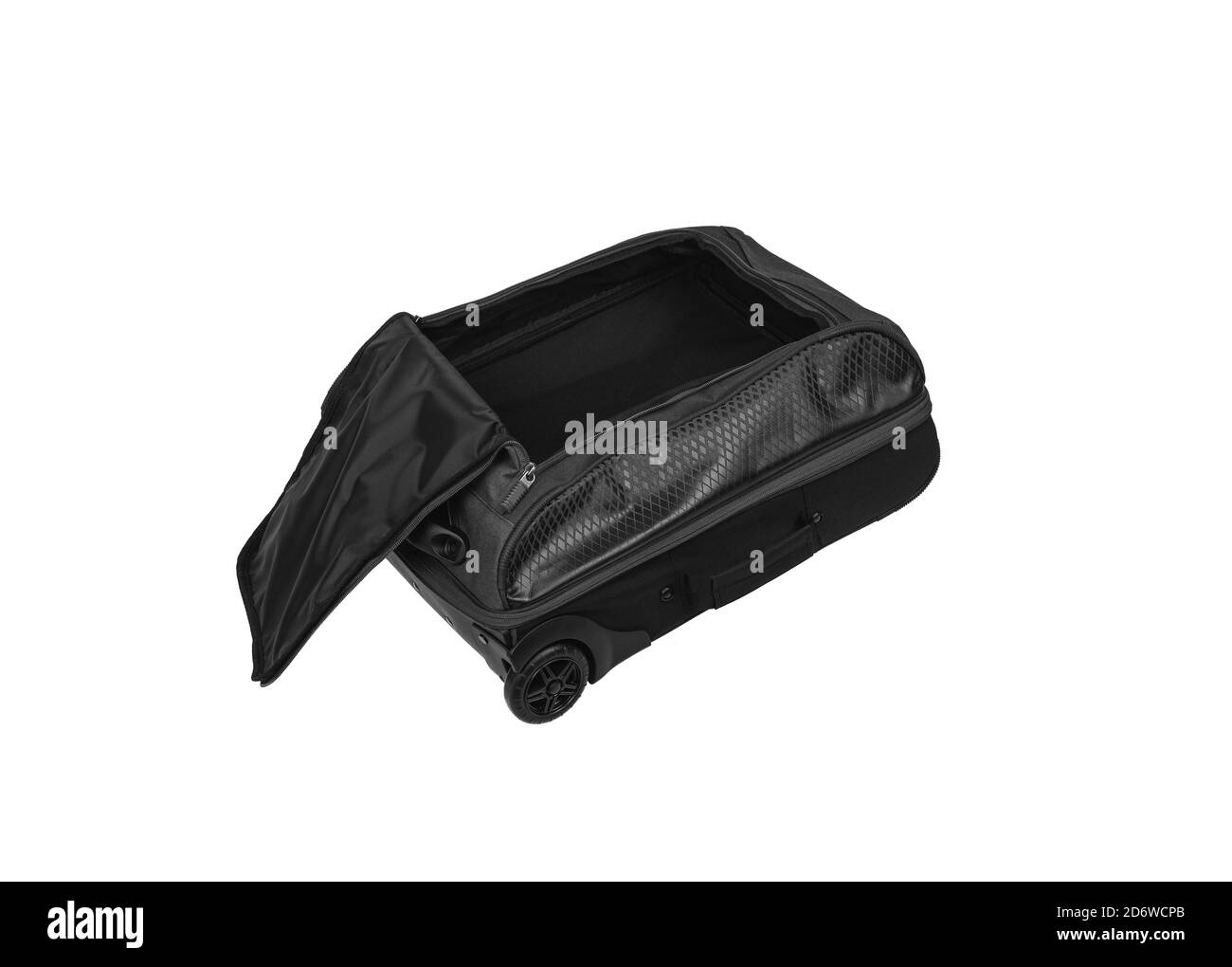 Open suitcase with telescopic handle and on wheels isolate on white ...