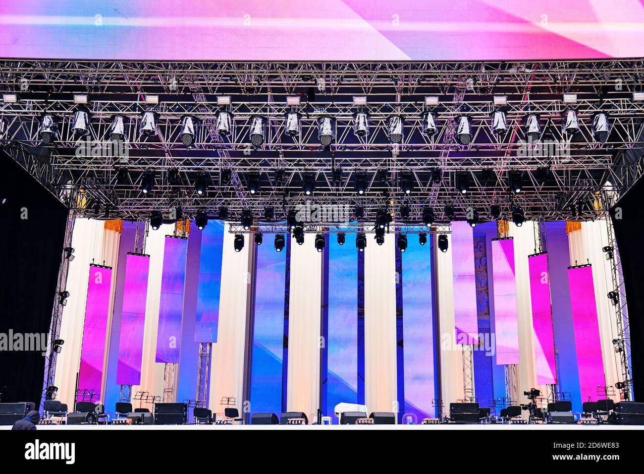 Music stage with lighting and sound equipment, large concert venue ...