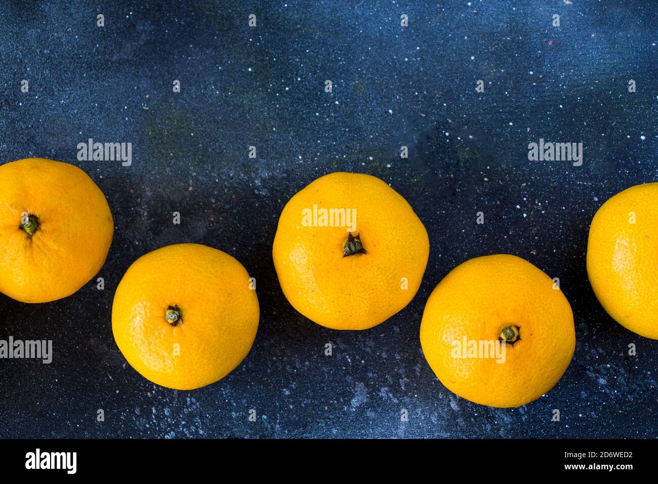 large group of the clementines on the blue background, orange color ...