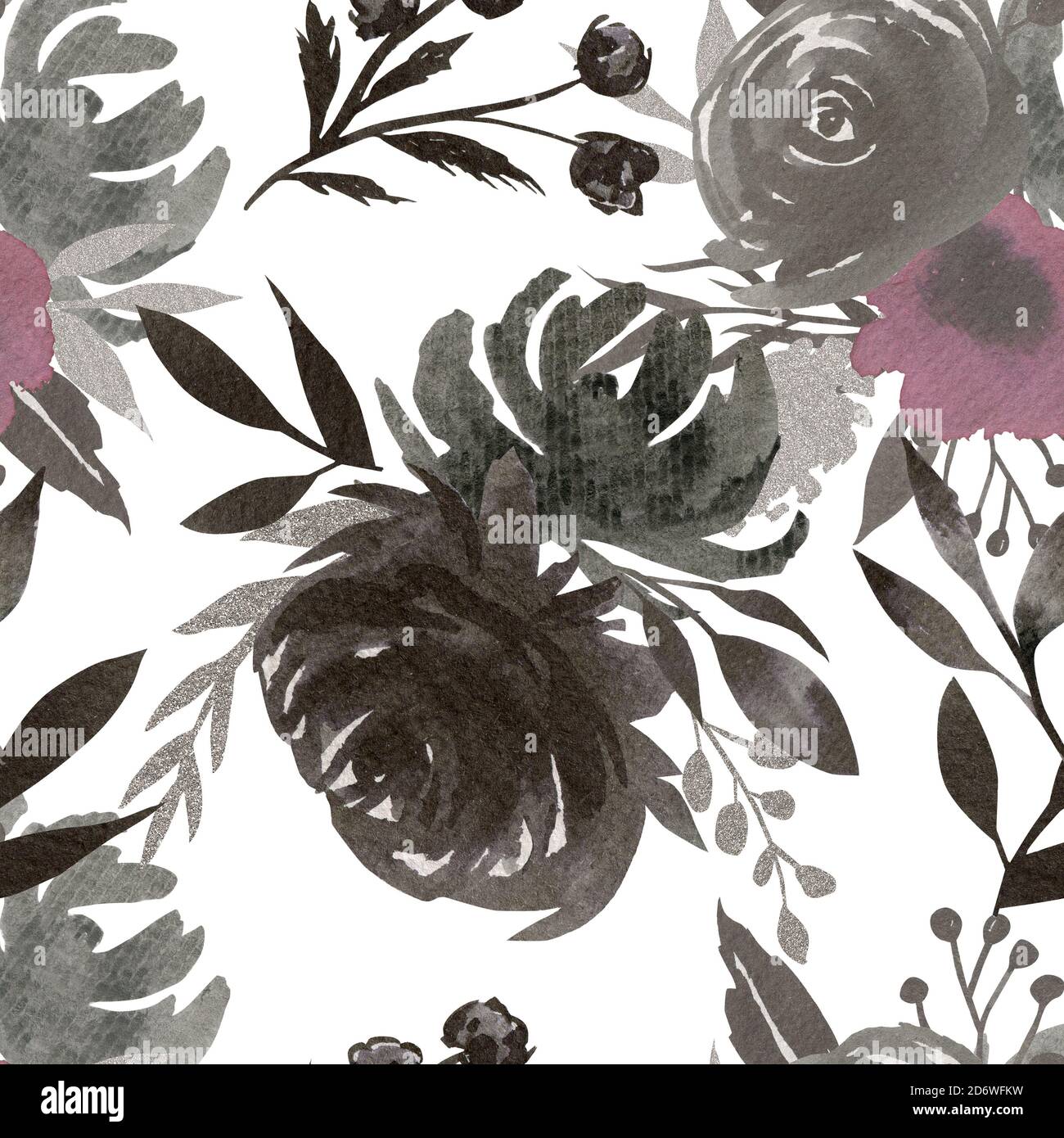 Freehand flowers on white background seamless pattern Stock Photo - Alamy