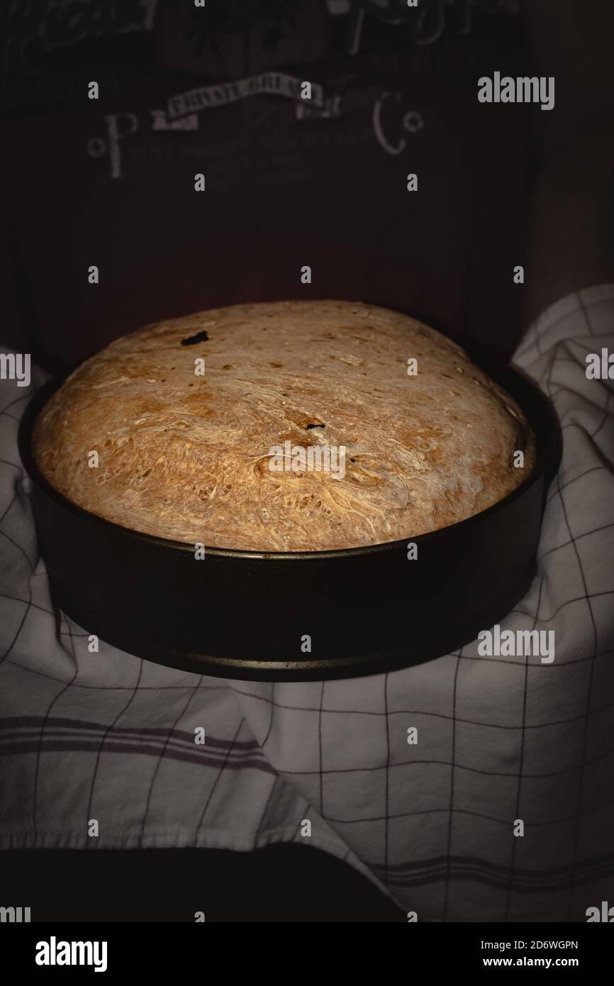 Home baked bread. Freshly baked homemade bread in a round shape Stock ...