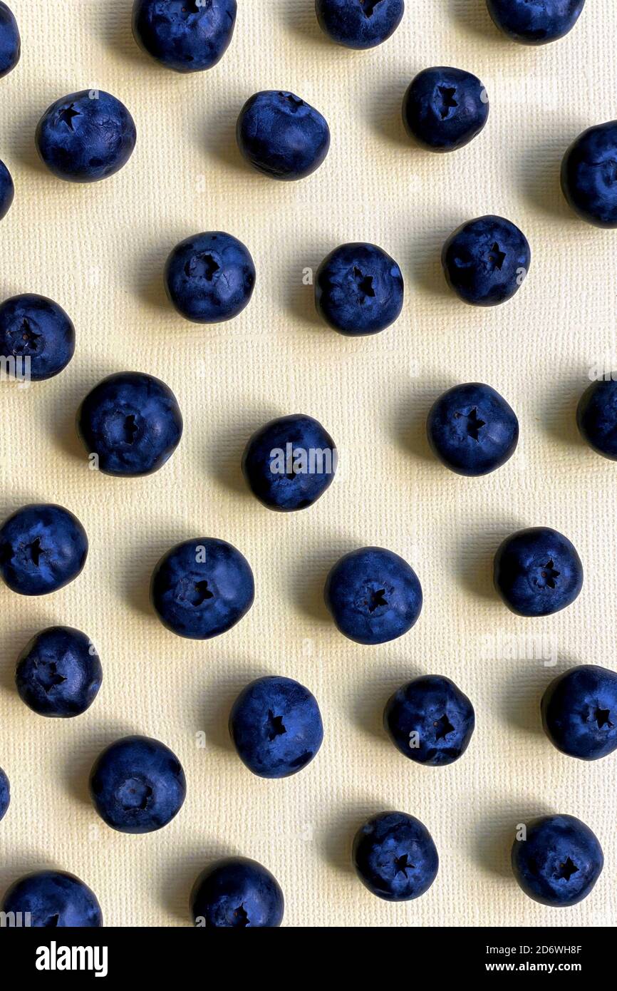 Pattern of fresh blueberries in on pastel light yellow background ...