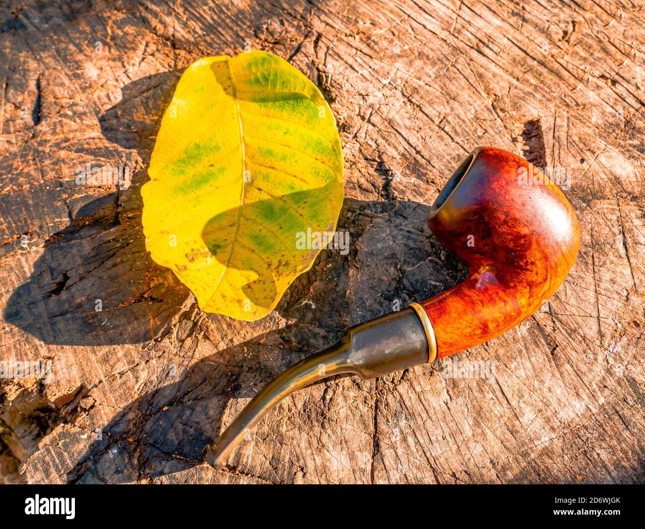 Wooden smoking pipe for tobacco and autumn leaf Stock Photo - Alamy