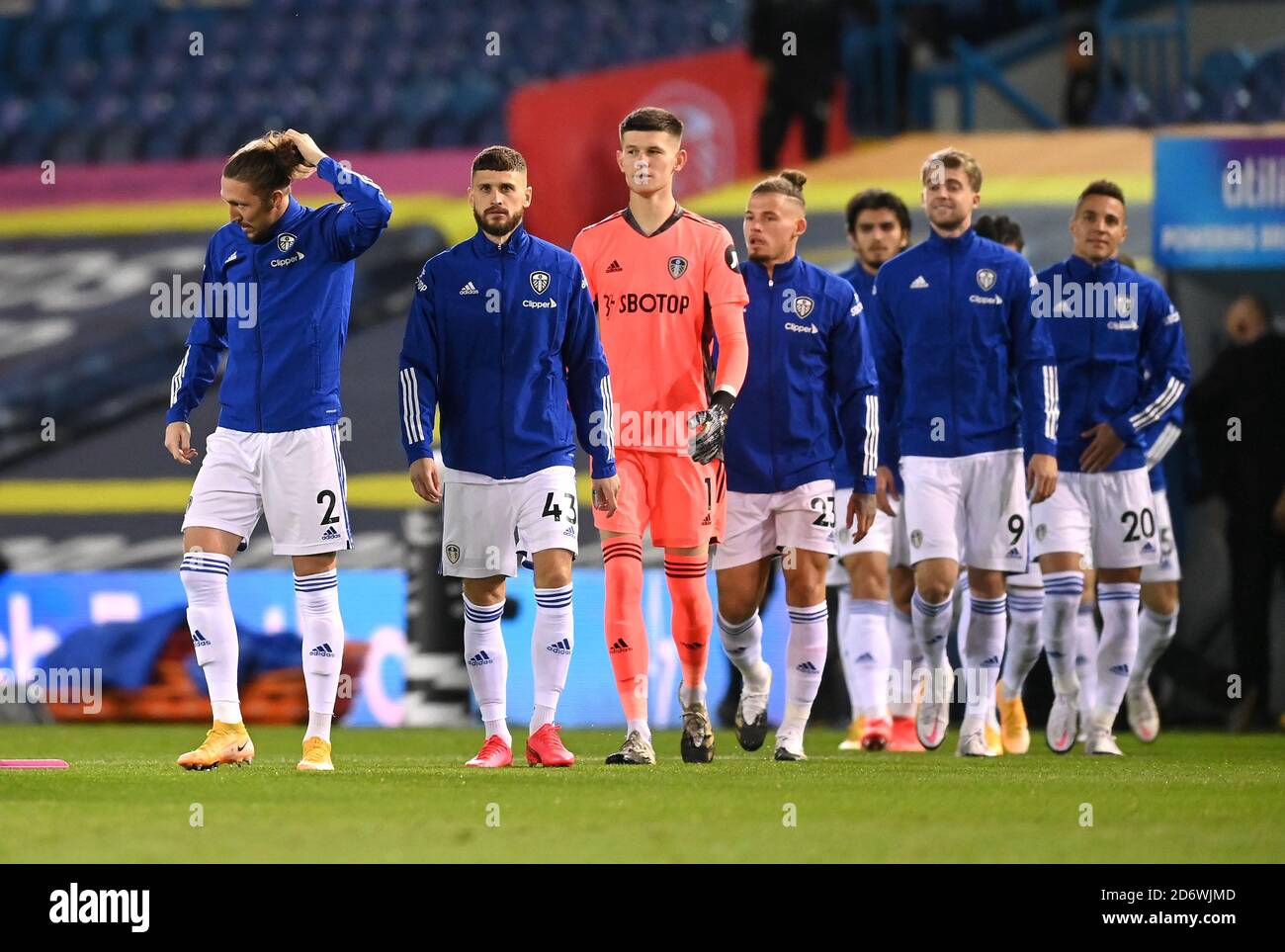 Leeds United players walk onto the pitch prior to kick-off during the ...