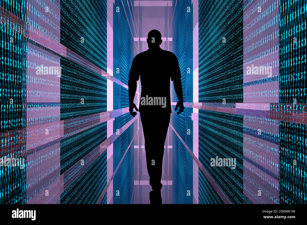 3D Illustration of a man standing between infinite lines of code ...