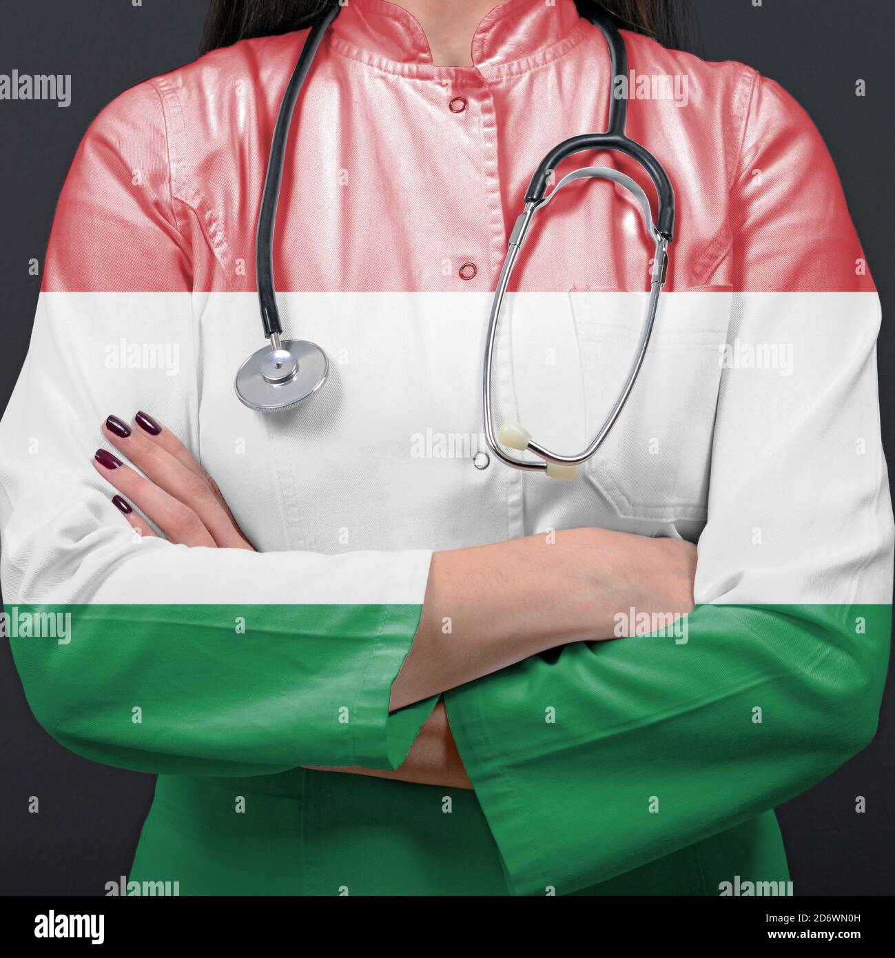 Doctor representing healthcare system with National flag of Hungary ...