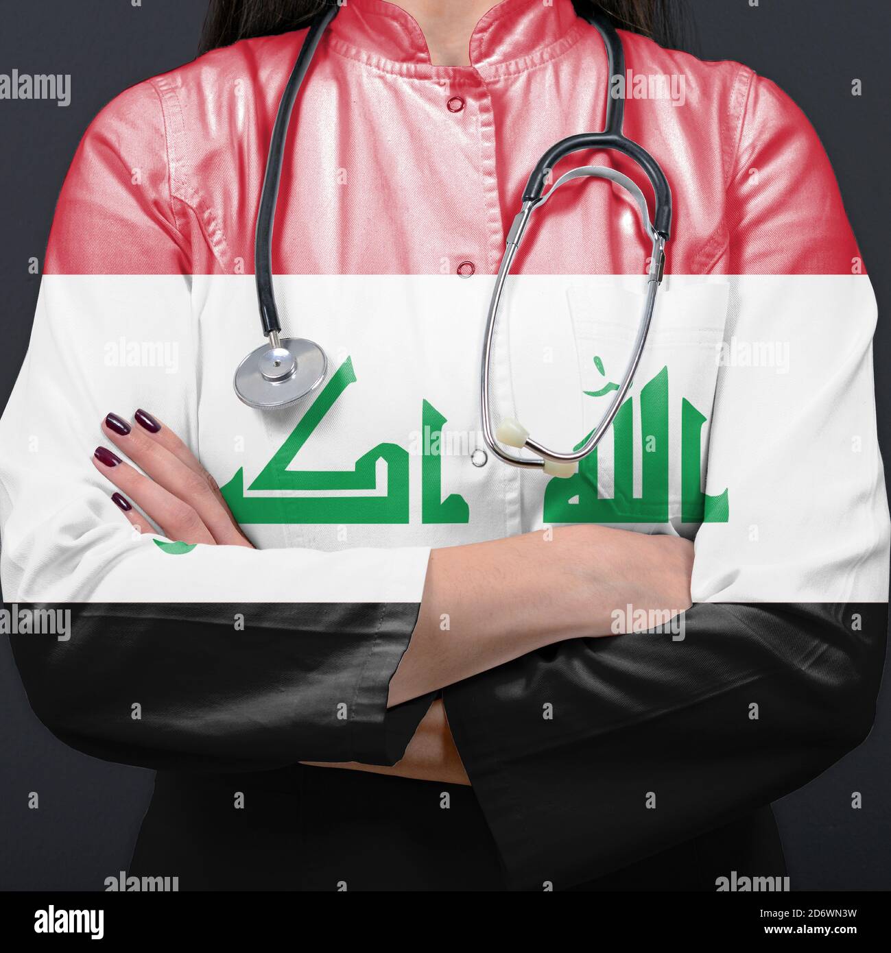 Doctor representing healthcare system with National flag of Iraq Stock ...