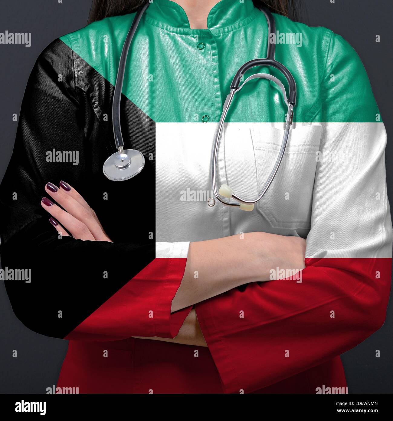 Doctor representing healthcare system with National flag of Kuwait ...