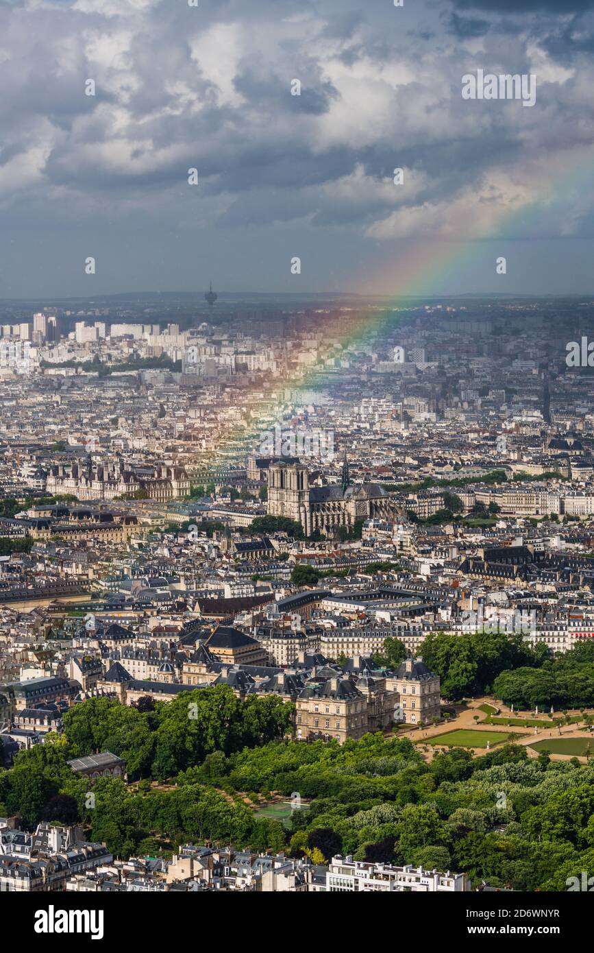 Notre Dame de Paris cathedral under a rainbow Stock Photo - Alamy