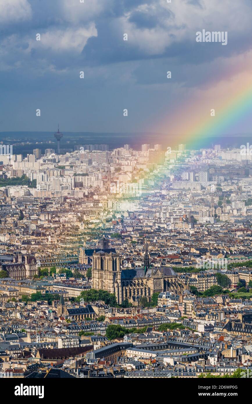 Notre Dame de Paris cathedral under a rainbow Stock Photo - Alamy