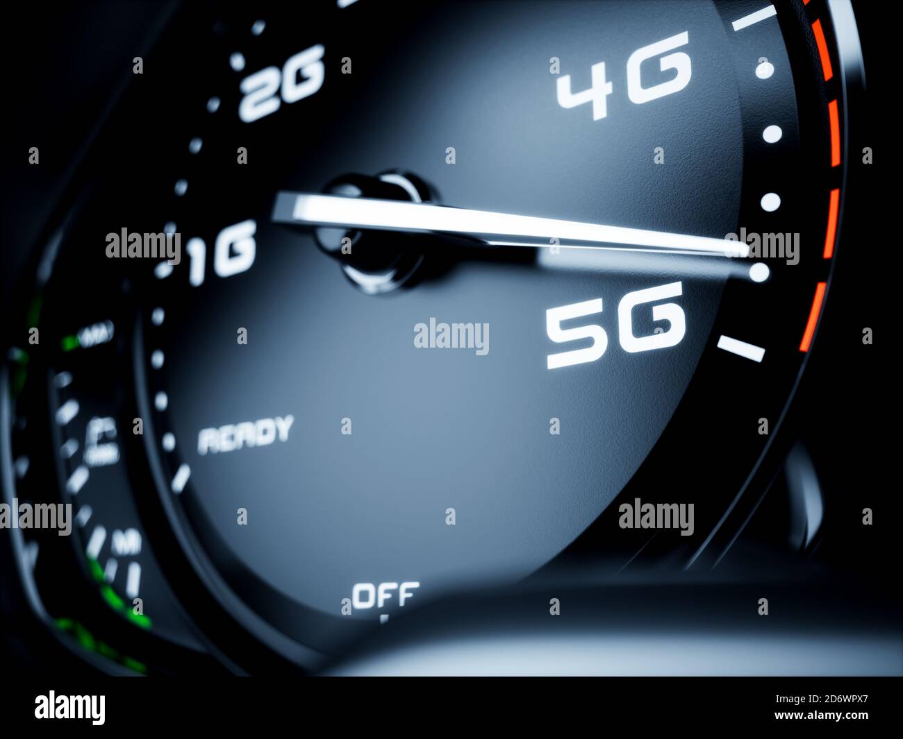 Wireless network speed concept, speedometer 5G evolution. 3d rendering ...