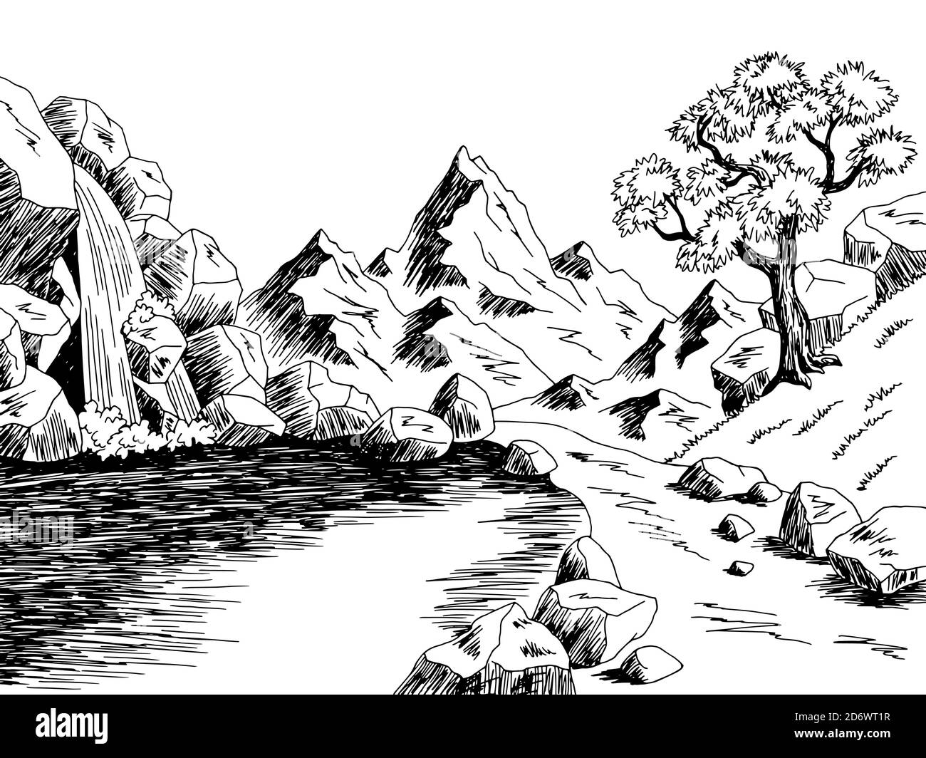 Waterfall pond graphic black white landscape sketch illustration vector ...