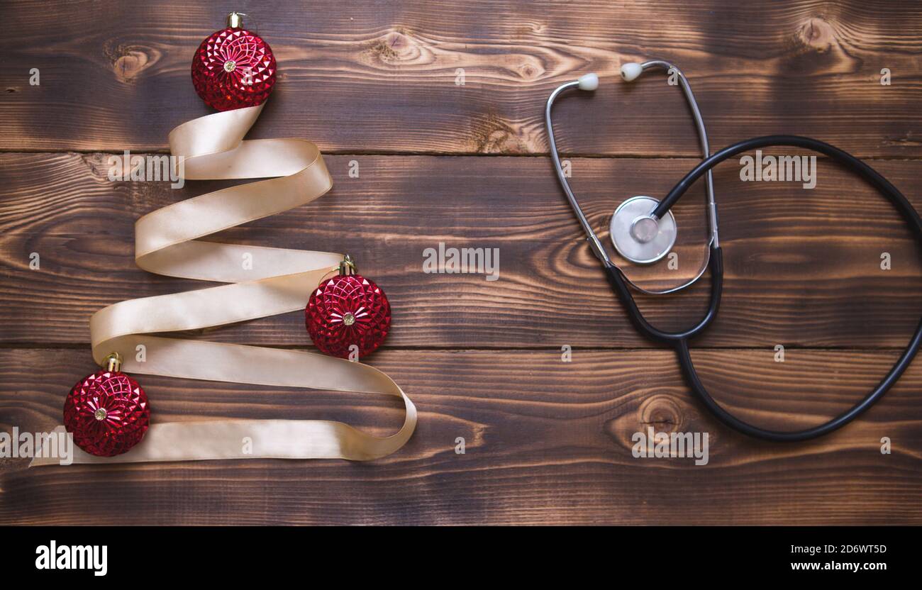 Christmas flat lay on a medical theme. Decorations for the new year ...