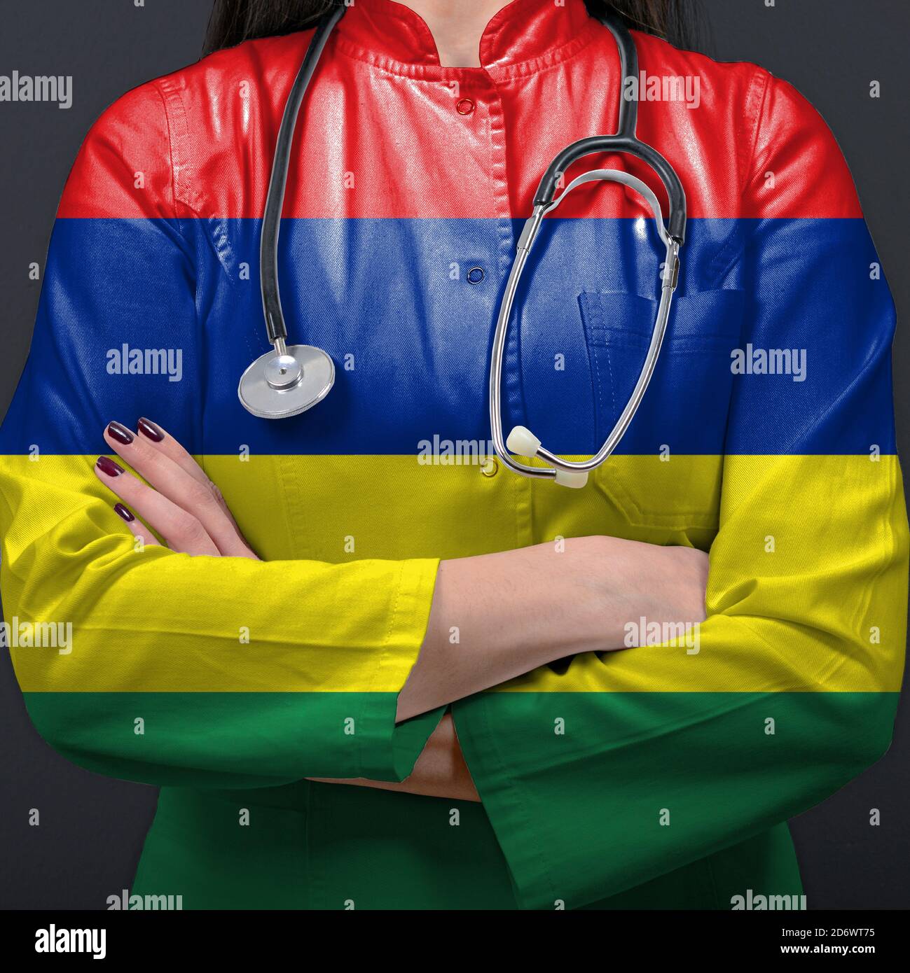 Doctor representing healthcare system with National flag of Mauritius ...