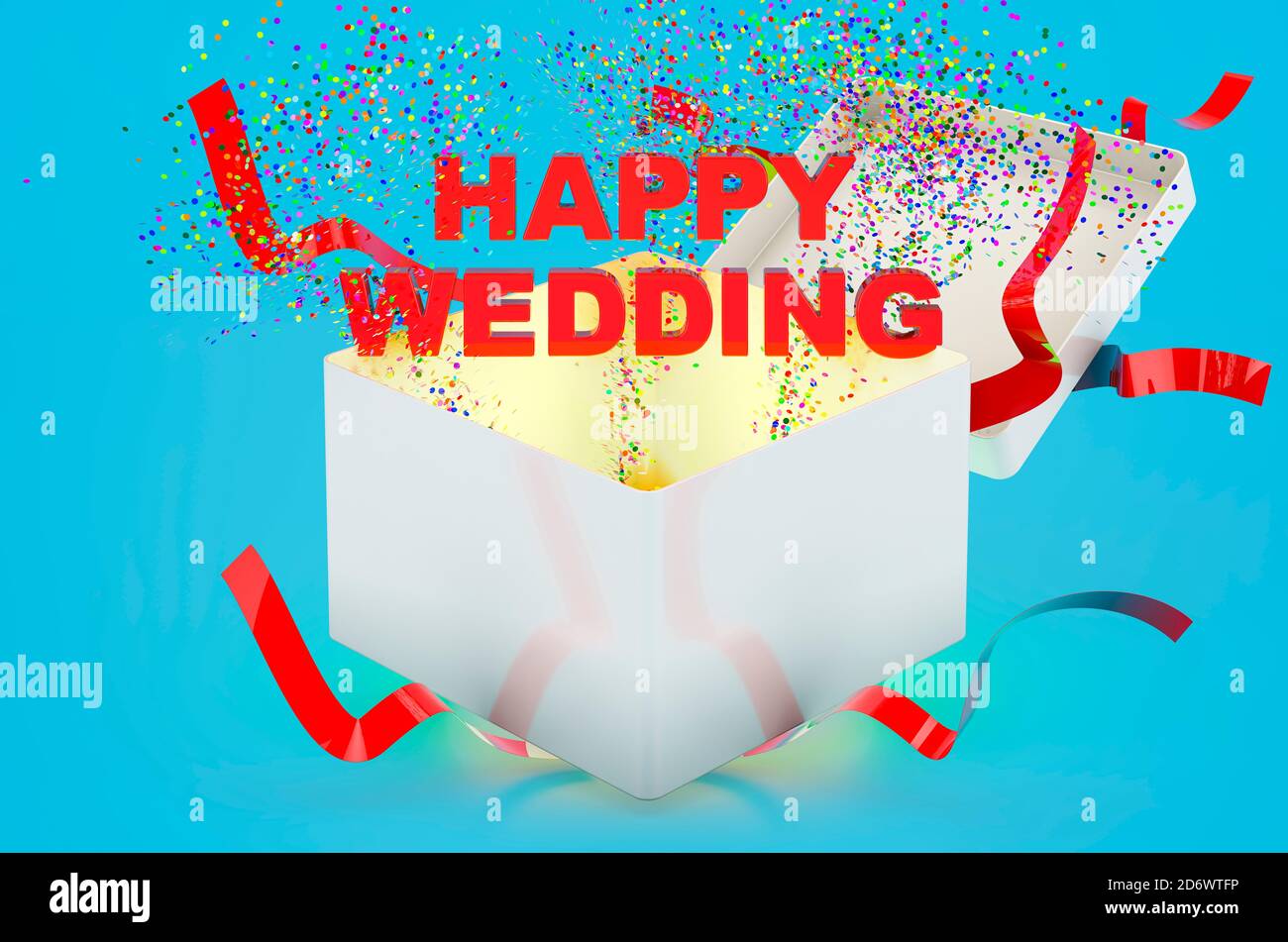 Happy Wedding text inside gift box. 3D rendering on blue background ...