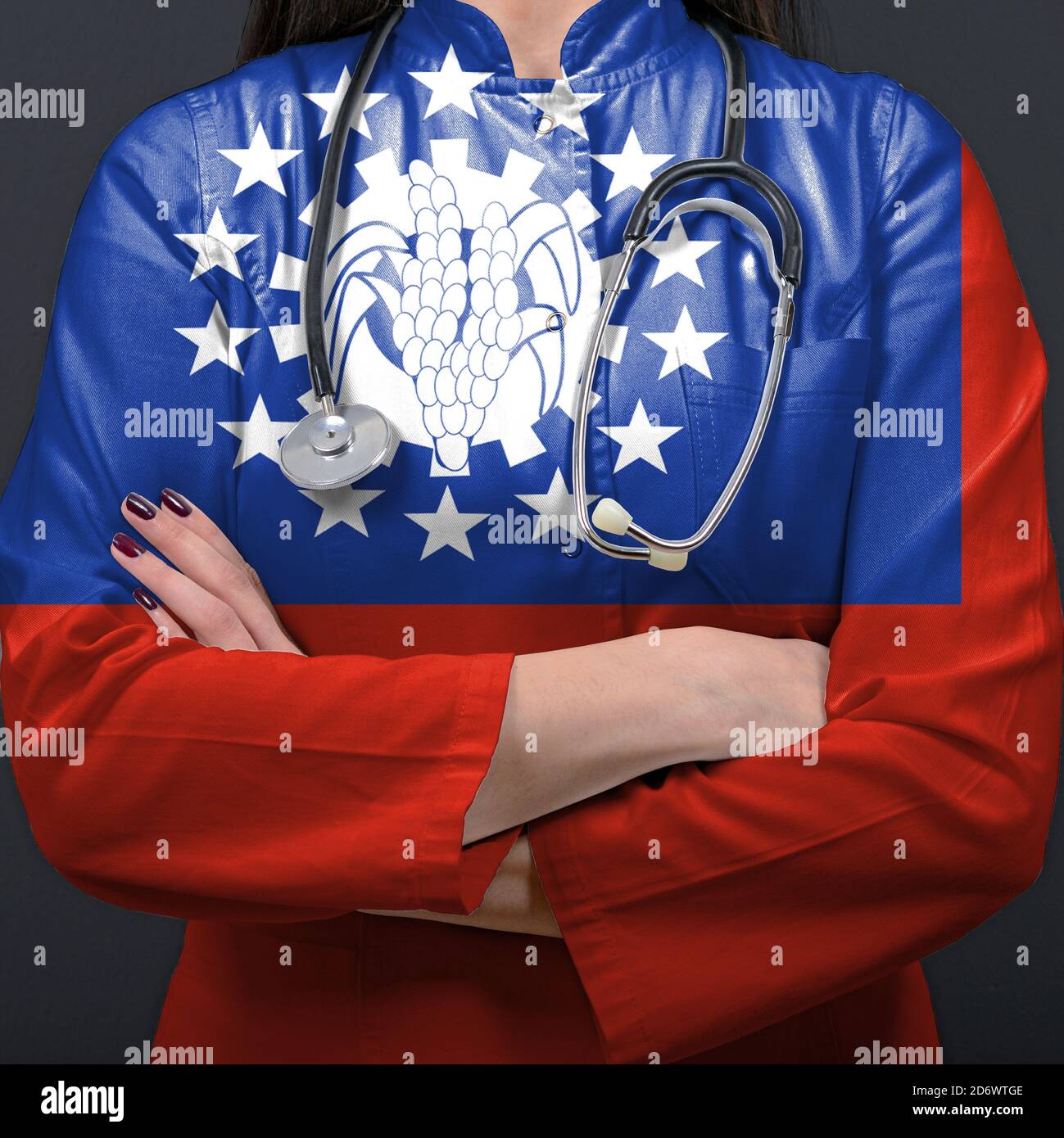 Doctor representing healthcare system with National flag of Myanmar ...