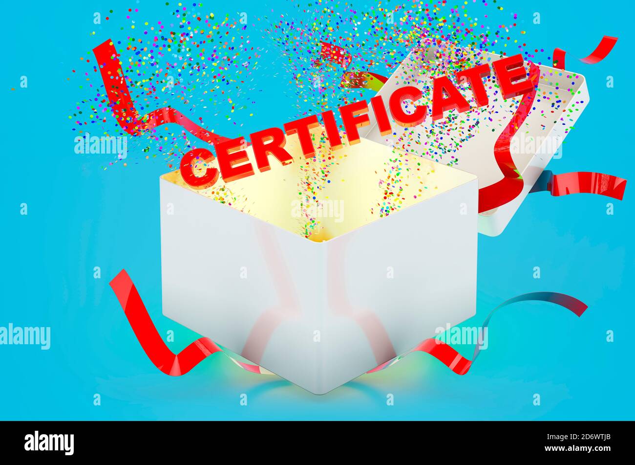 Certificate text inside gift box. 3D rendering on blue background Stock ...