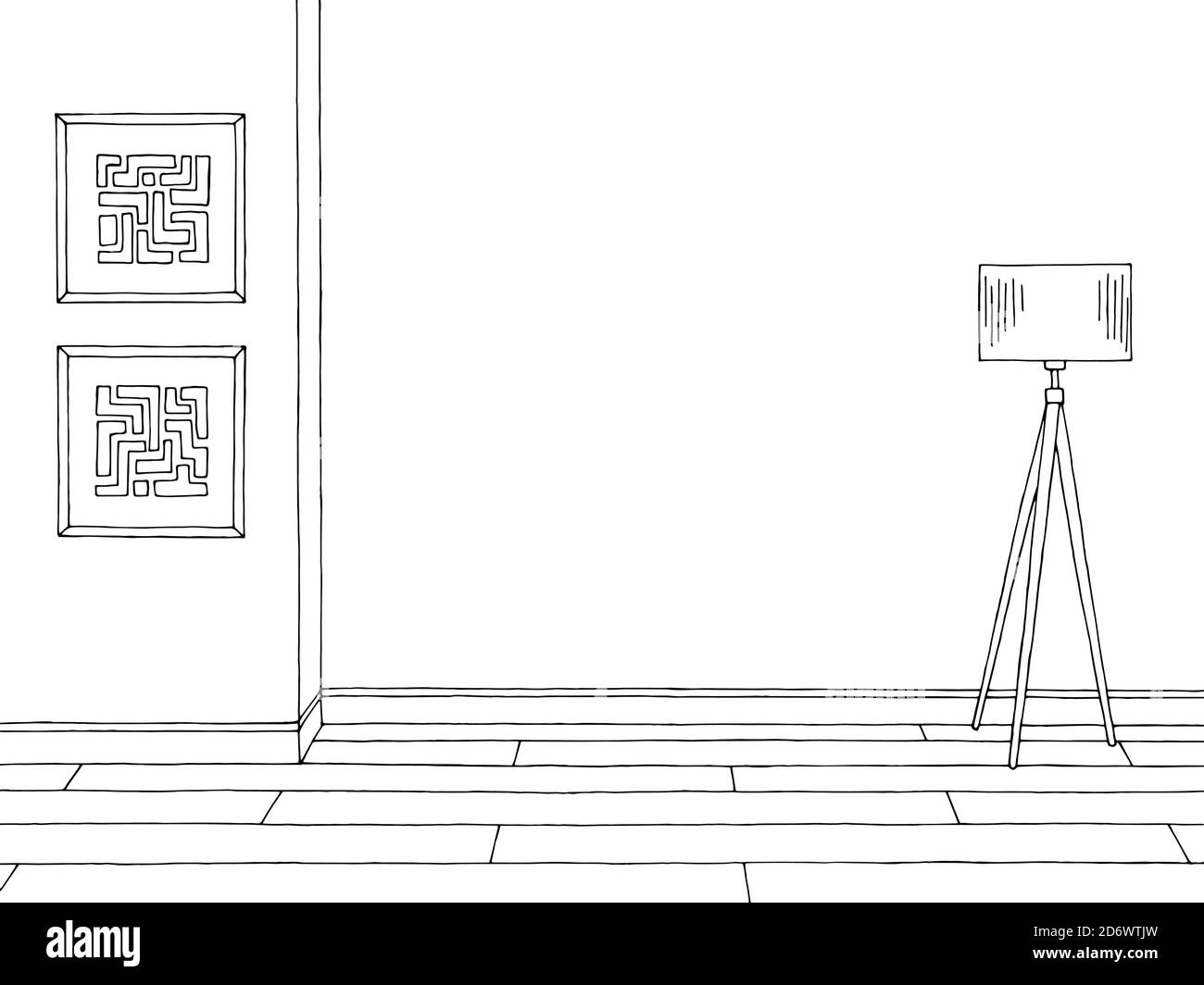 Room graphic black white home interior brick wall sketch illustration ...