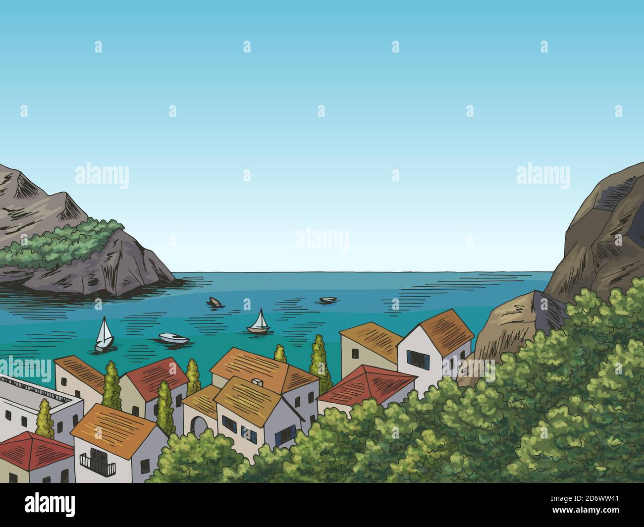 Town sea graphic color bay landscape sketch illustration vector Stock ...