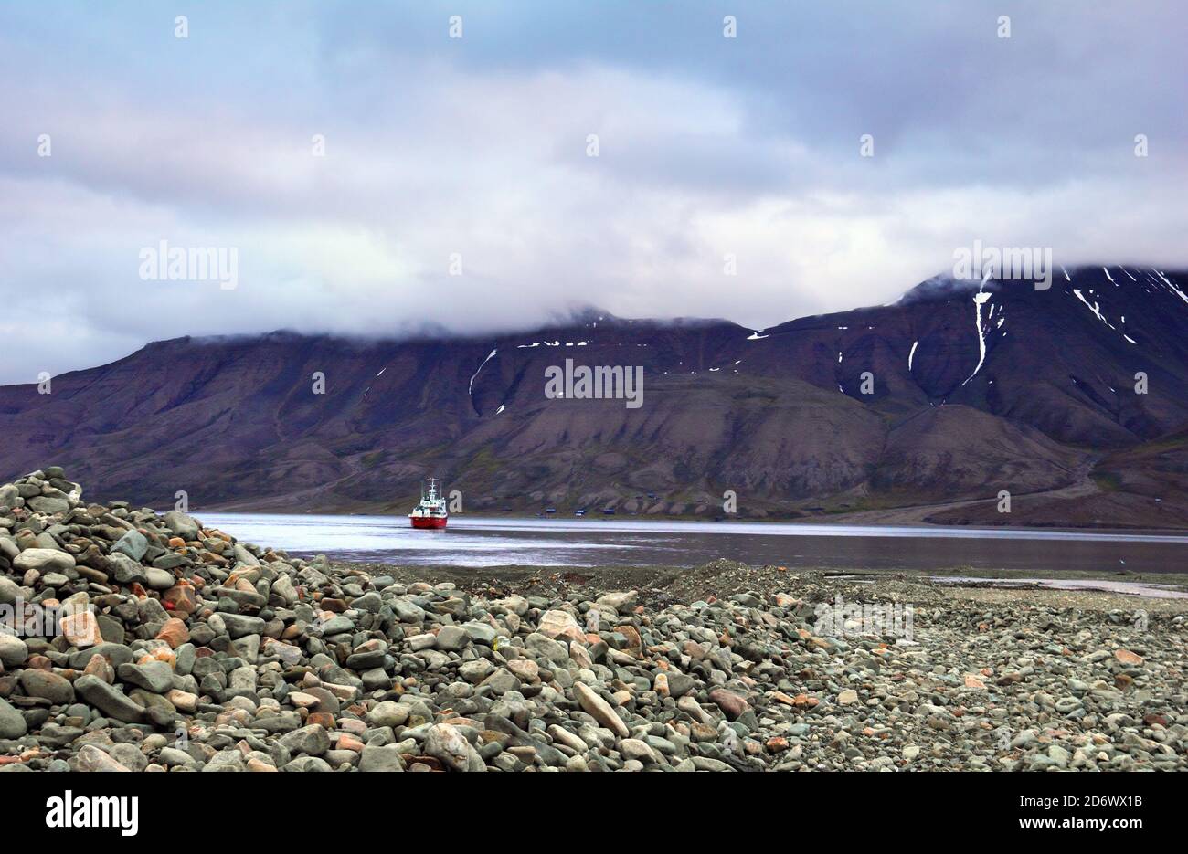 Norge cruise boat docked at Longyearbyen port against the background of ...