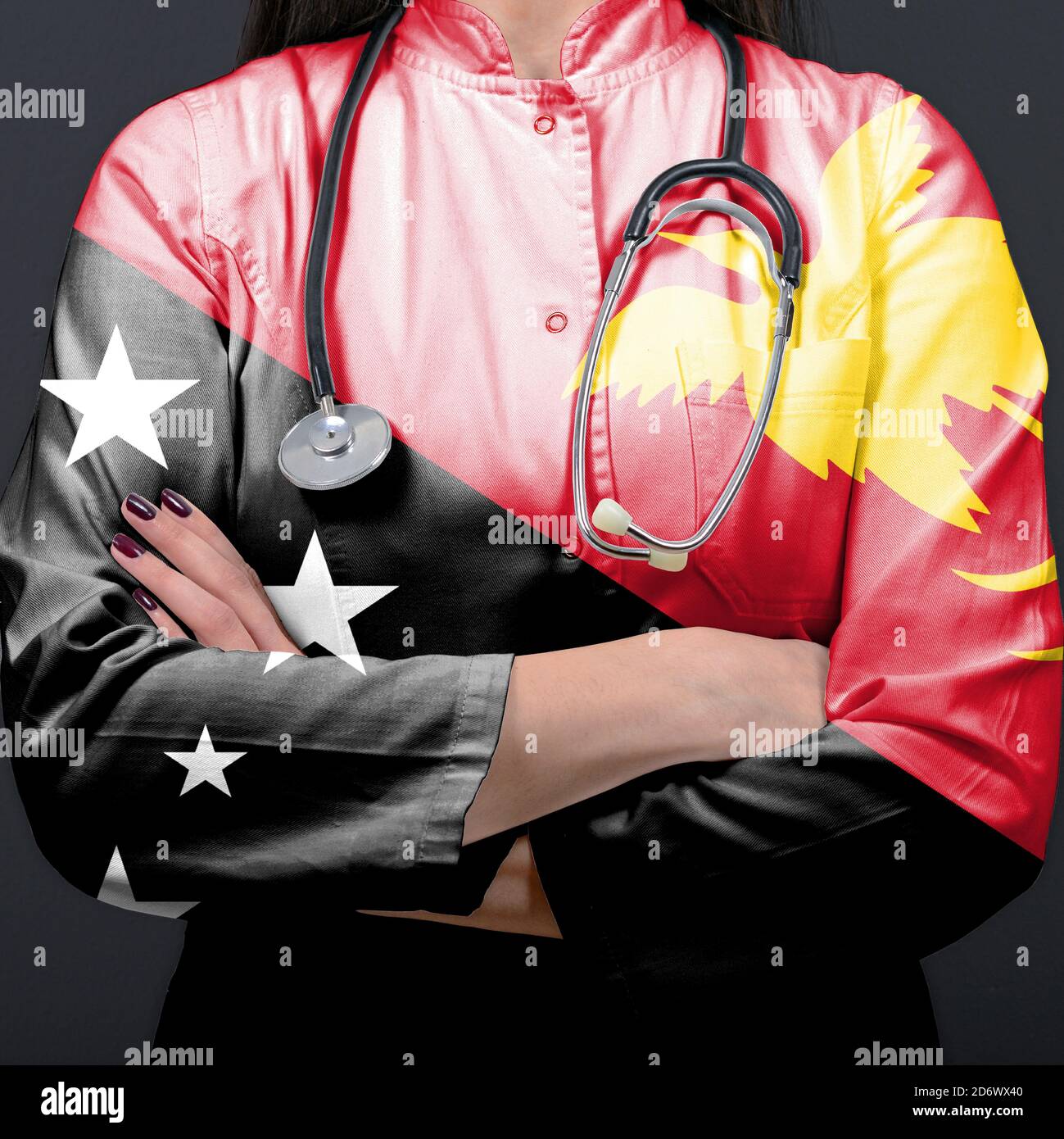 Doctor representing healthcare system with National flag of Papua New ...