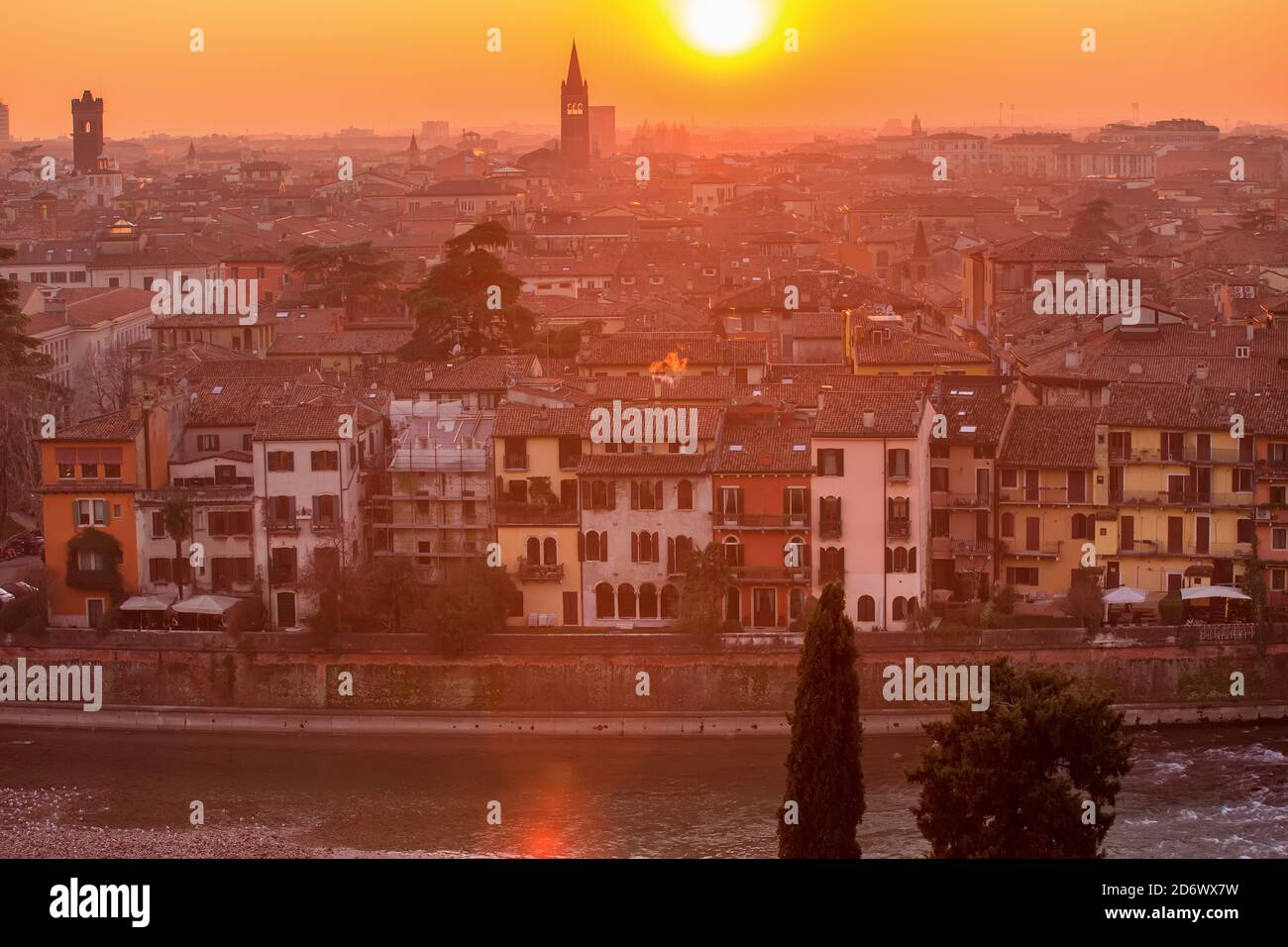 Verona, view during sunset on the sights of the city. Details of houses ...