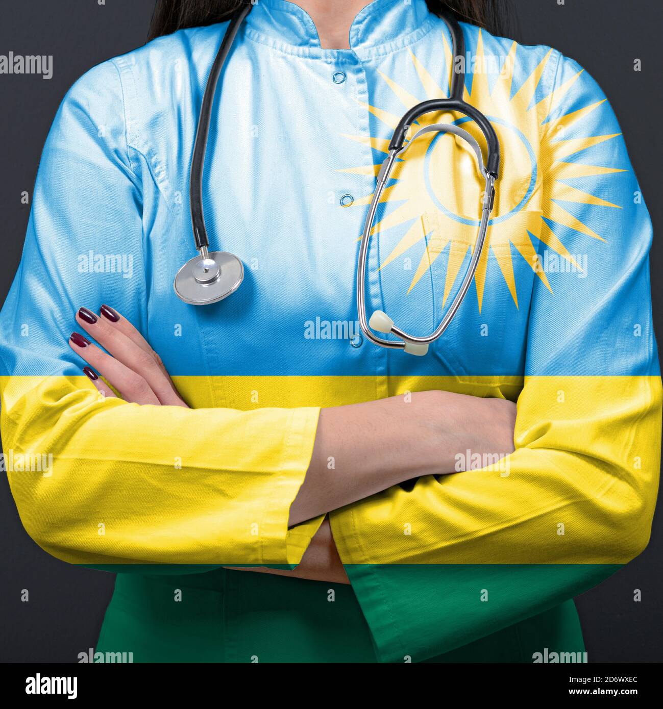 Doctor representing healthcare system with National flag of Rwanda ...