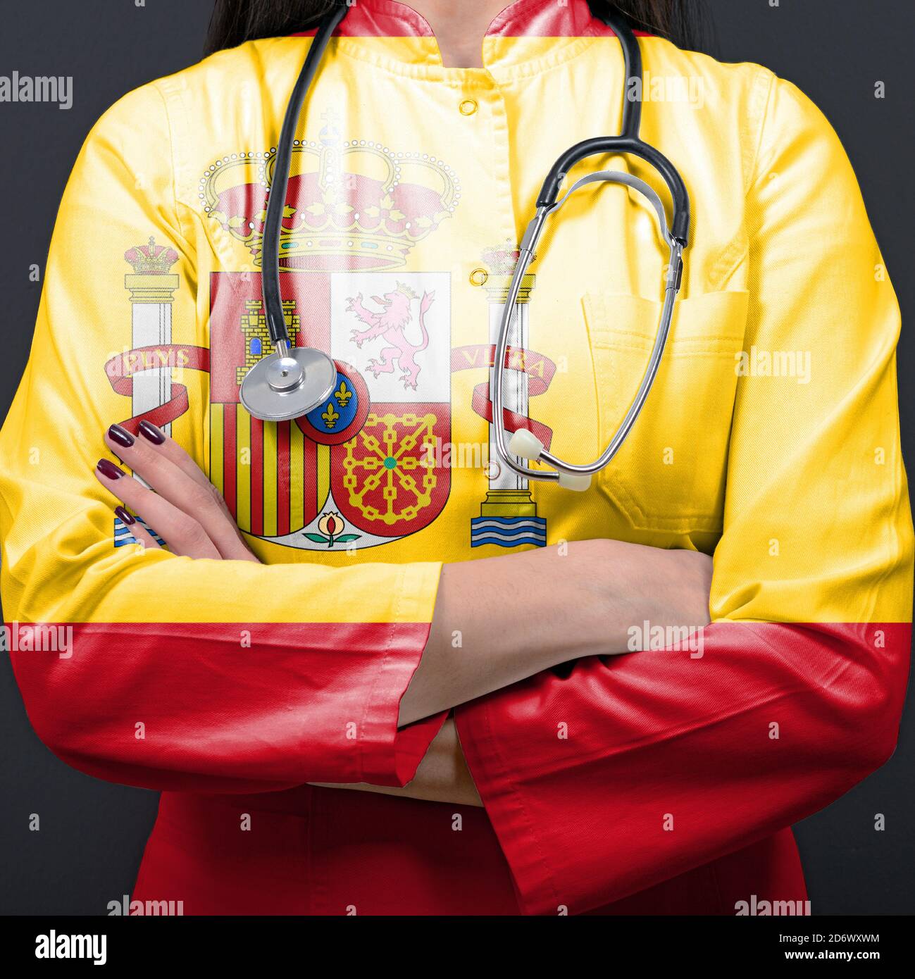 Doctor representing healthcare system with National flag of Spain Stock ...