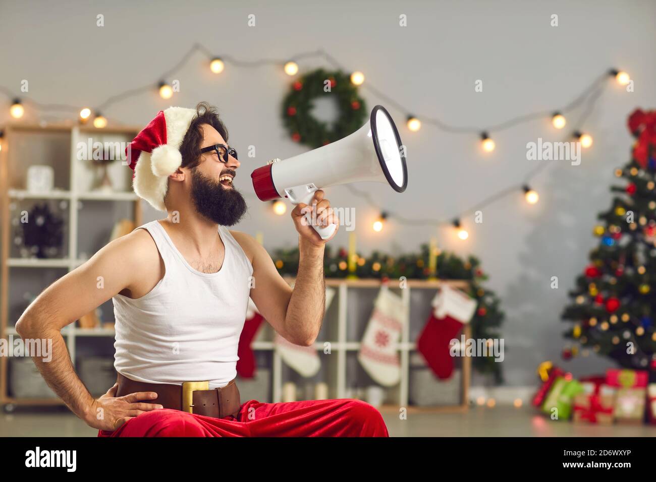 Funny Santa announcing start of big Christmas sales and promising ...