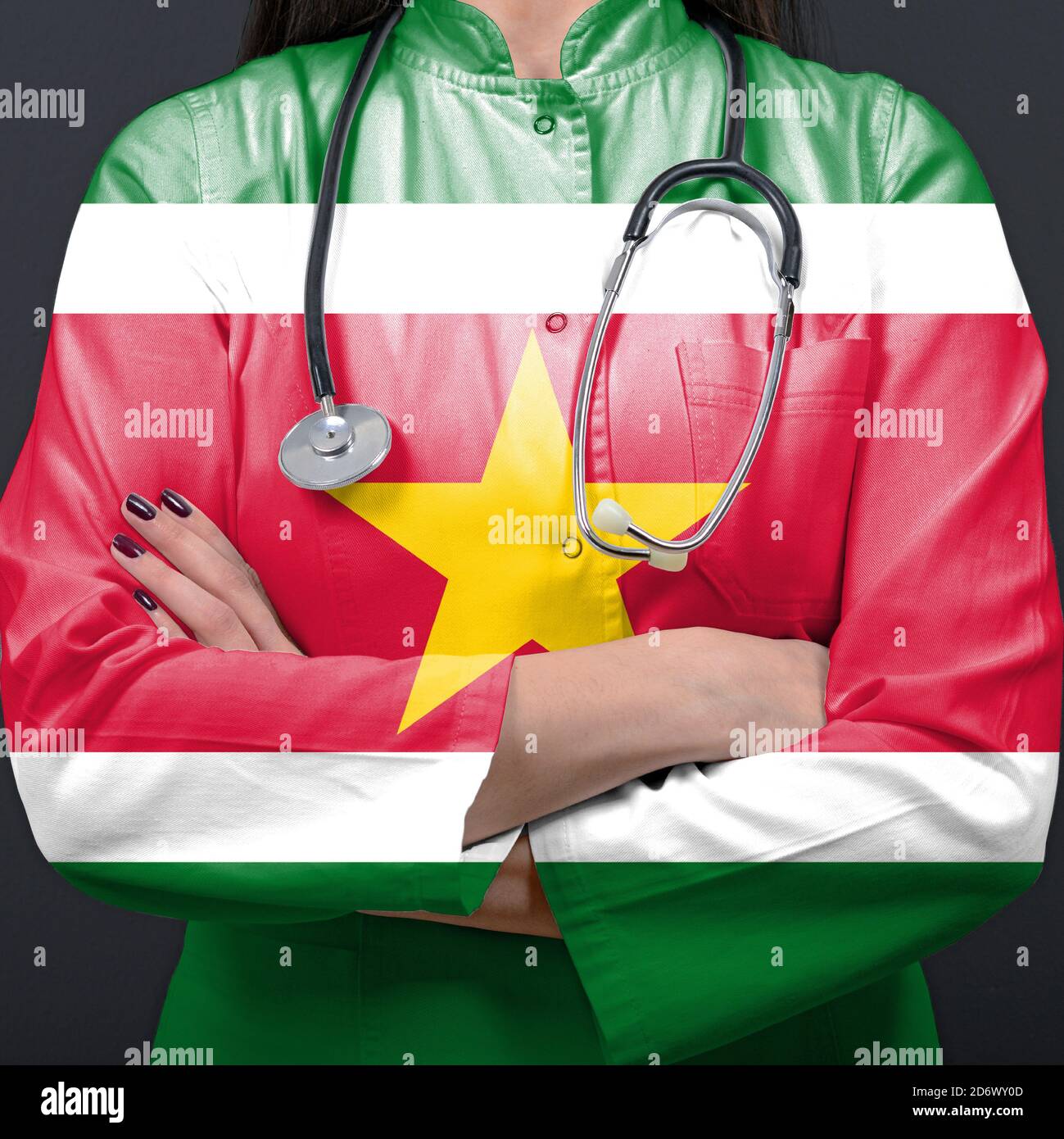 Doctor representing healthcare system with National flag of Suriname ...