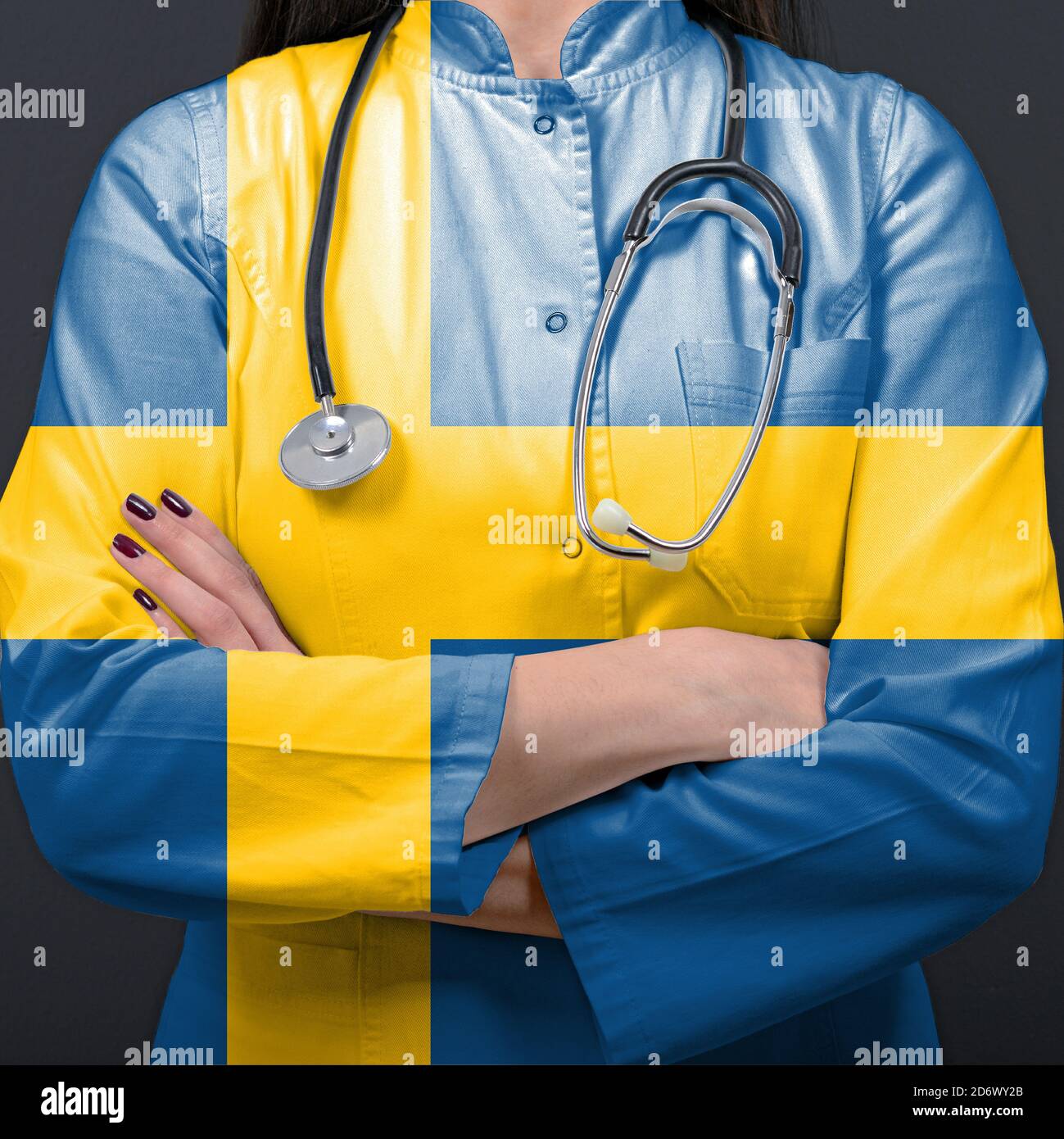 Doctor representing healthcare system with National flag of Sweden ...