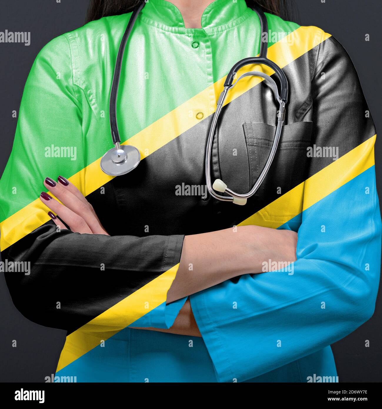 Doctor representing healthcare system with National flag of Tanzania ...