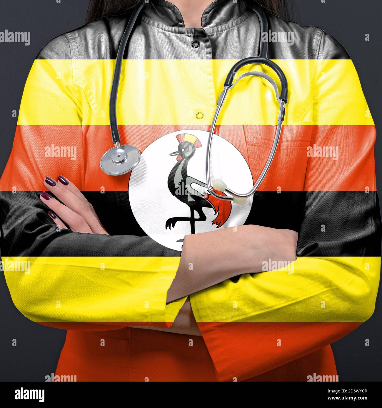 Doctor representing healthcare system with National flag of Uganda ...