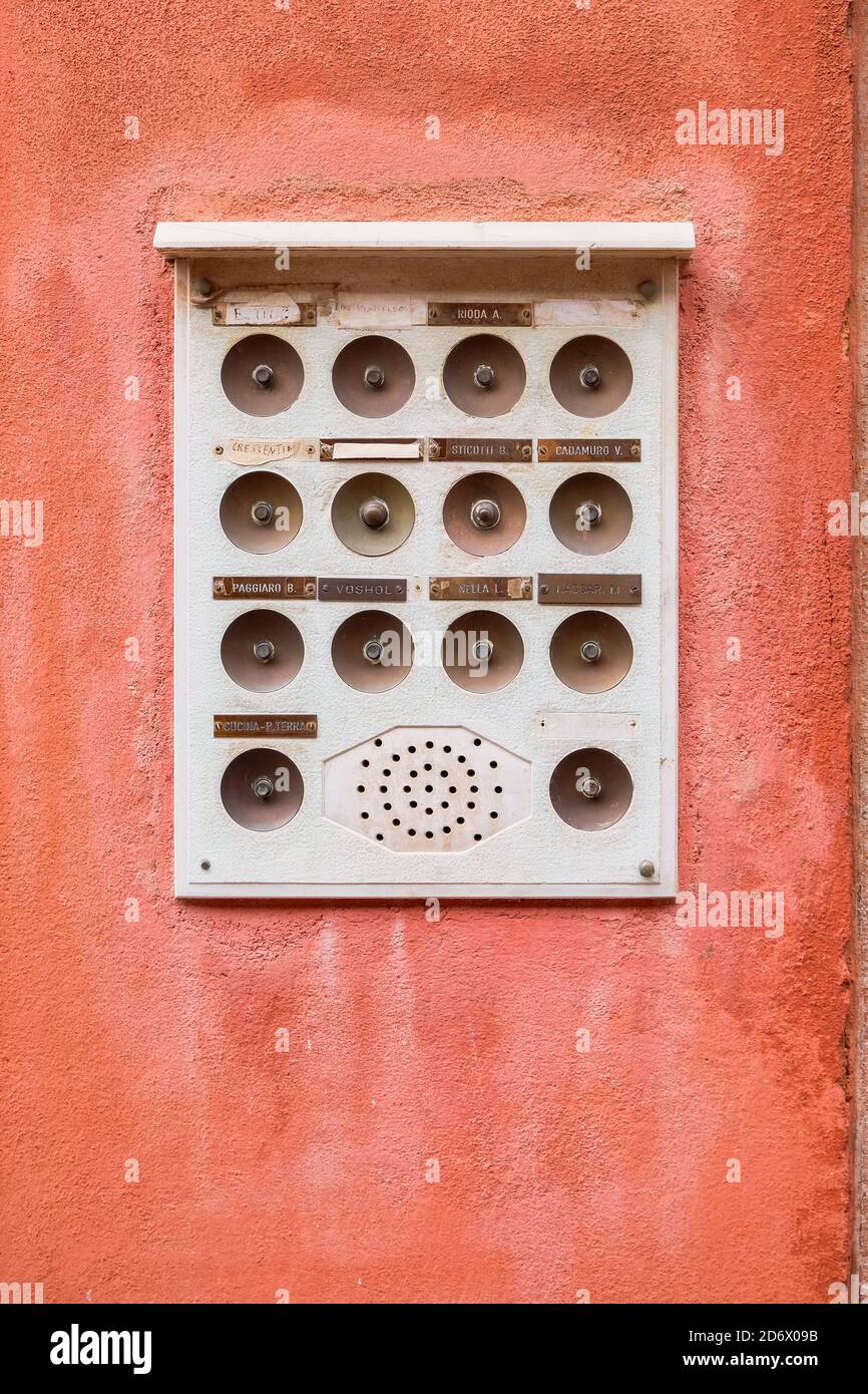 Traditional Doorbells in a Pink Colorful Venetian Building Stock Photo ...