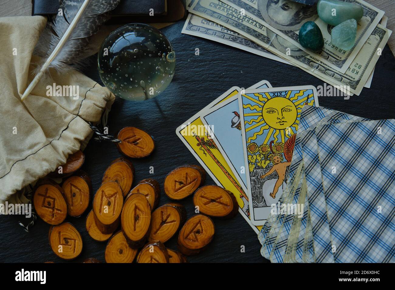 homemade wooden runes from the Tarot card on the table large Stock ...