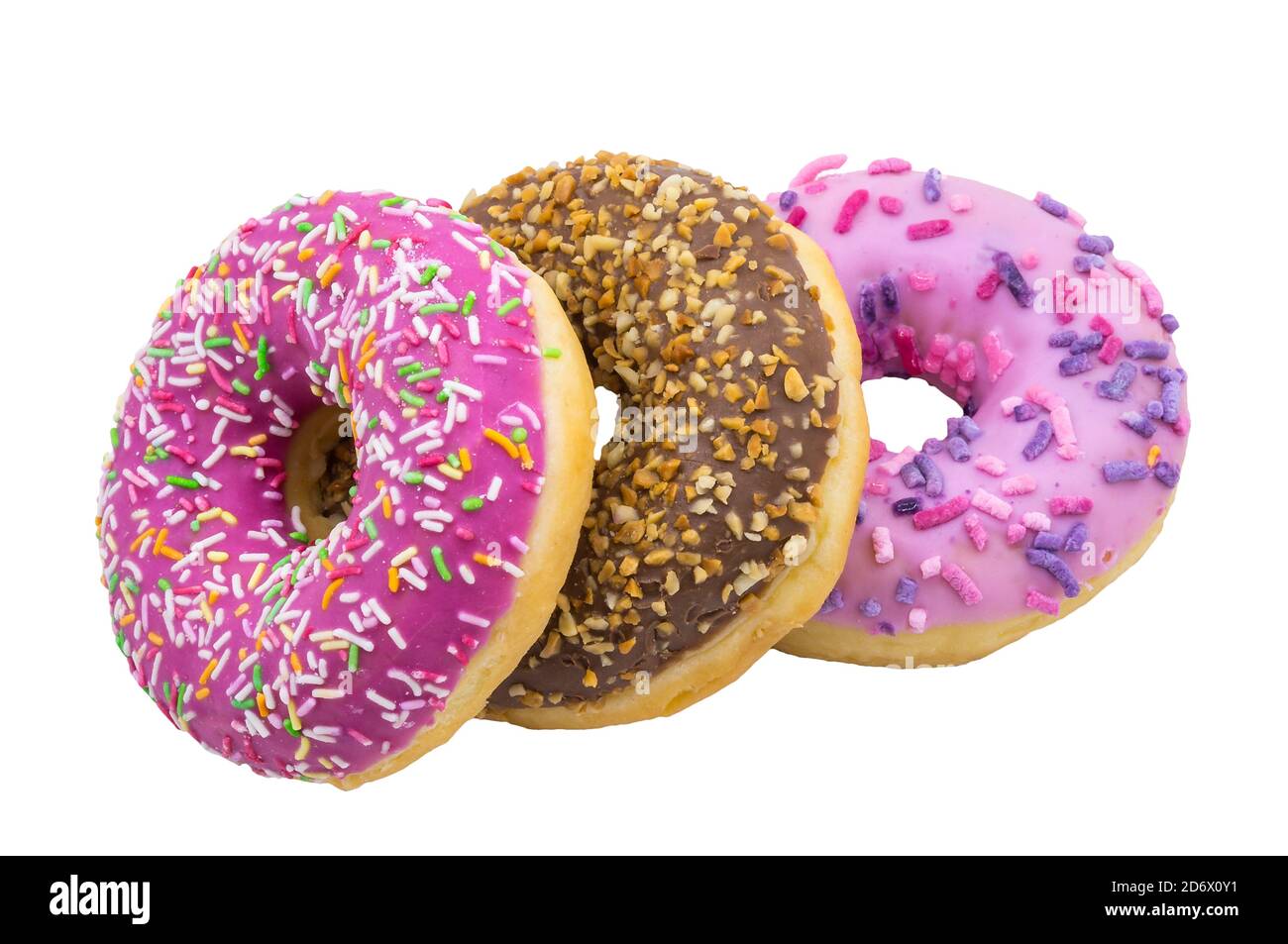 chocolate and berry doughnut, walnut donut on a white background, pink ...