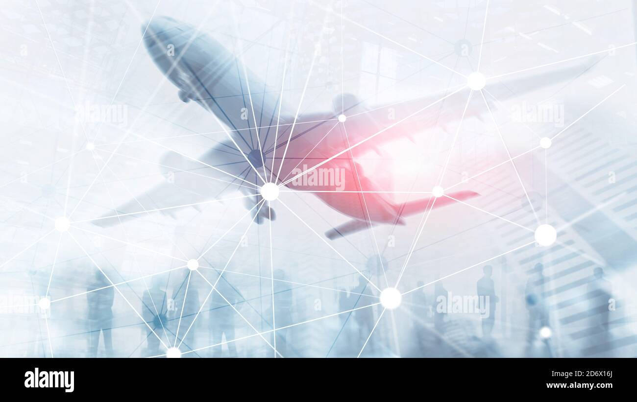 Blockchain network on blurred skyscrapers background. Financial ...