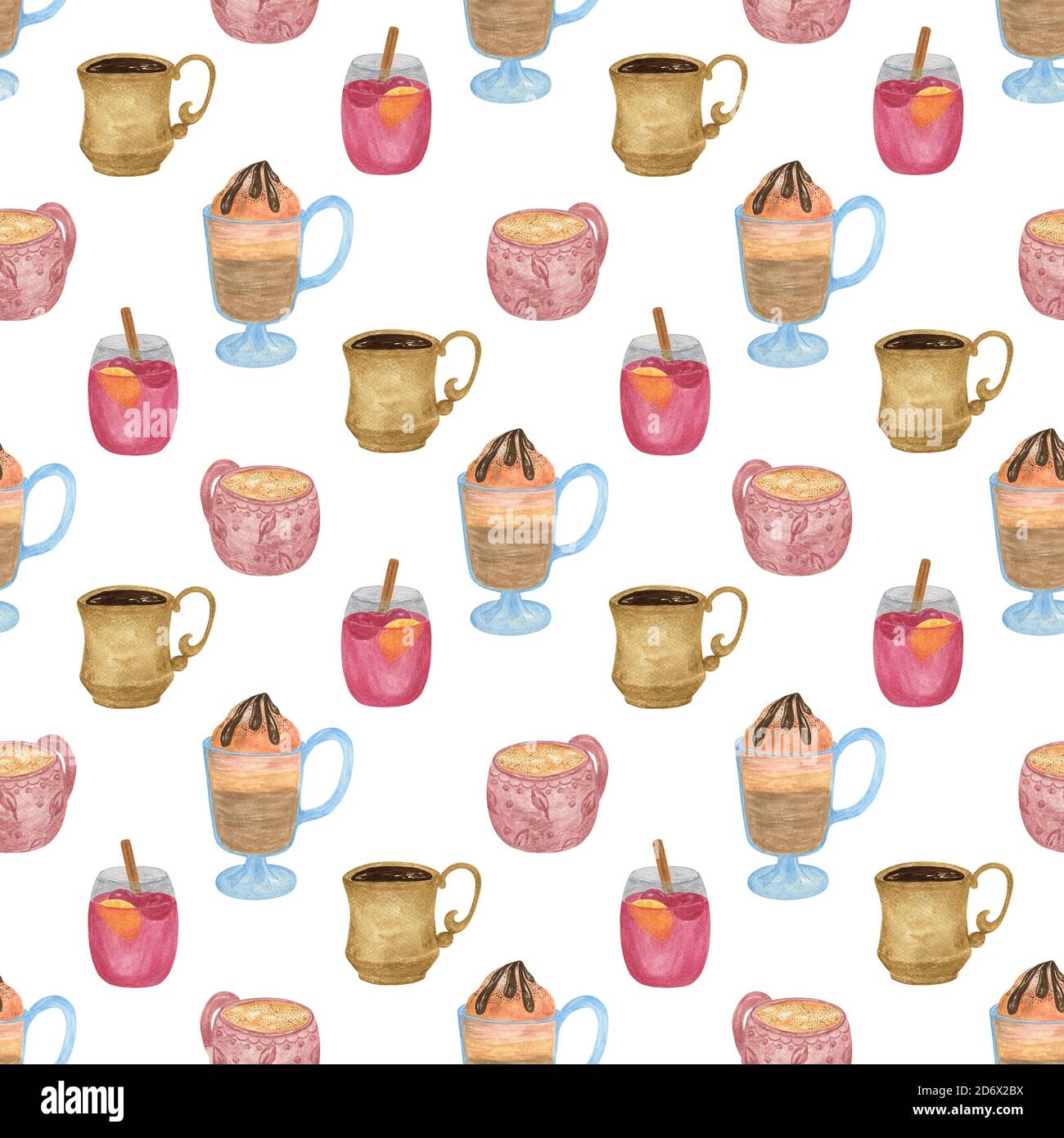 Repeat pattern of winter hot drinks cups and glasses watercolor ...