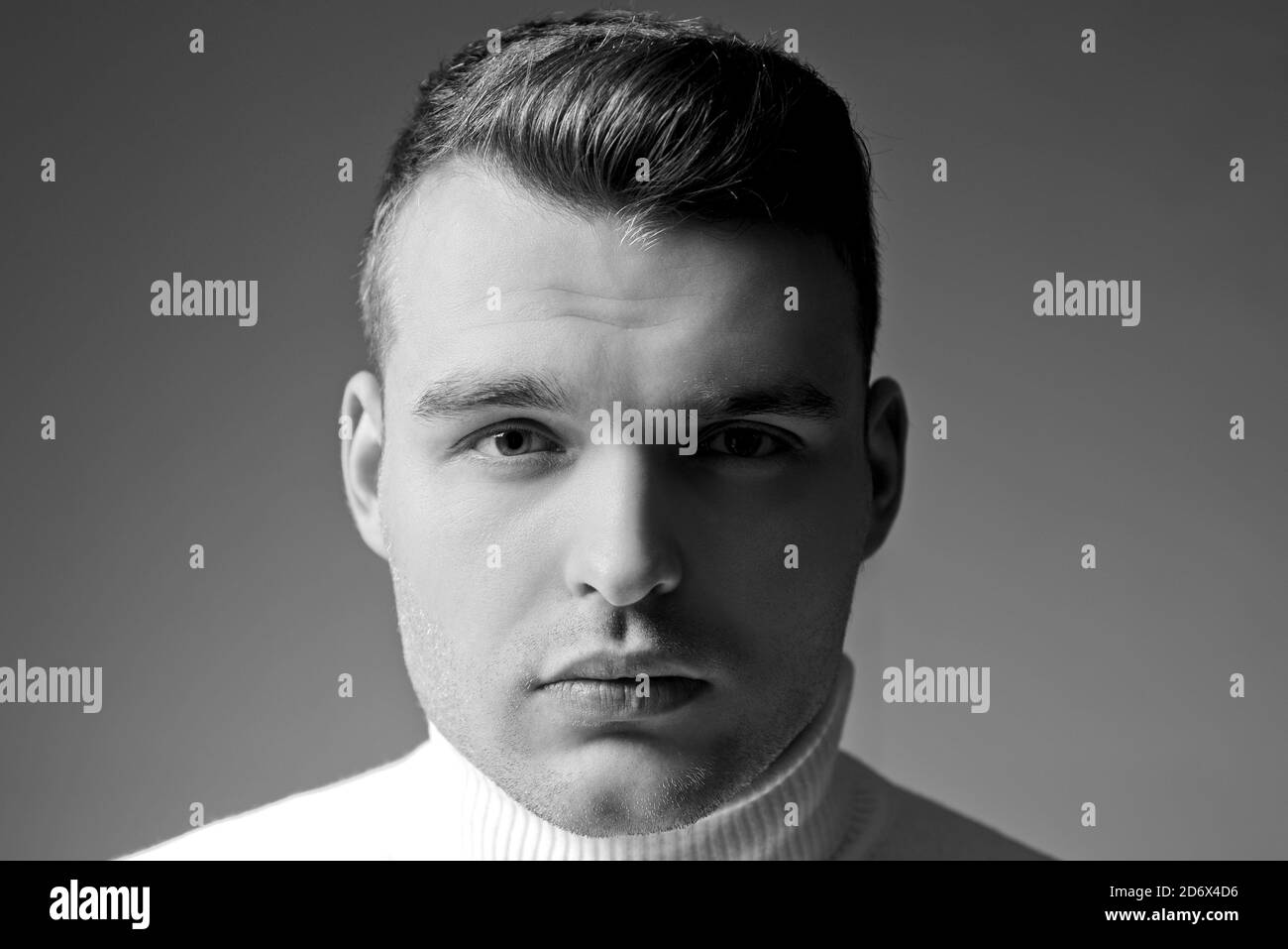 Man close up face with glossy hairstyle. Barbershop concept. Handsome ...