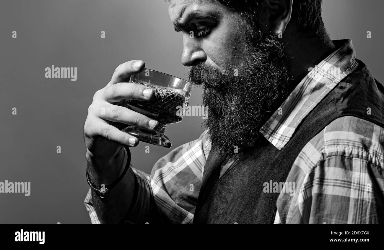 Sommelier man. Attractive Bartender in whiskey bar. Degustation of ...