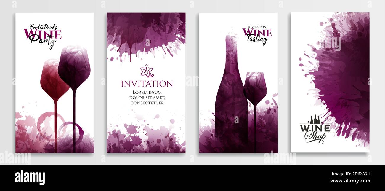 Templates with wine designs. Red wine stains Illustration of glass and ...