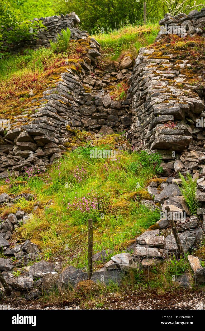 Tapering cylindrical structure, possibly an old lime kiln, adjacent to ...