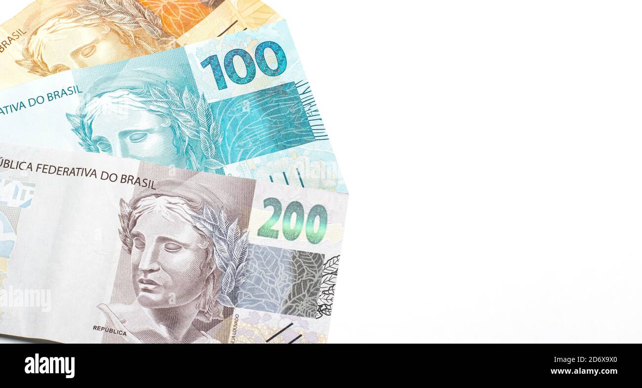 Brazilian money with space for text. Fifty, one hundred and two hundred ...